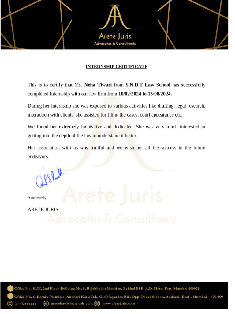 Arete Juris Internship Certificate | PDF