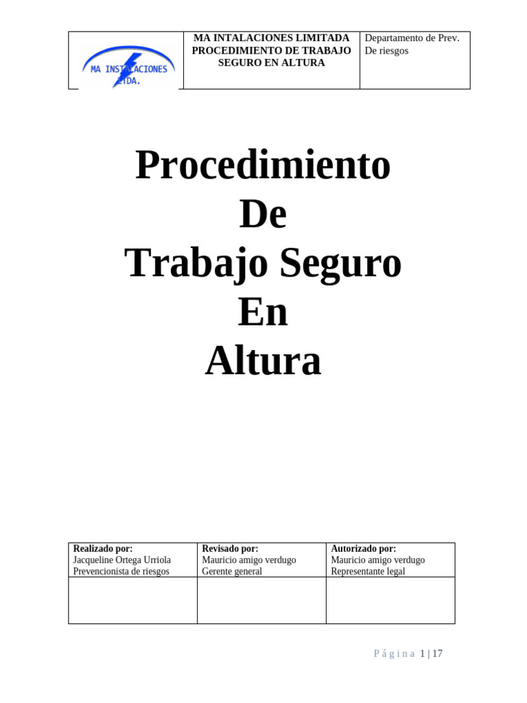 Procedimiento Trabajo en Altura. | PDF | Andamio | Fuerza