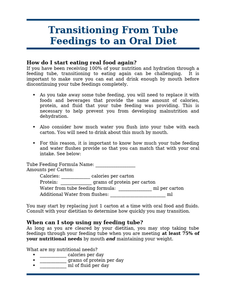 Tube Feed To Oral Transition Handout | PDF | Eating | Nutrition