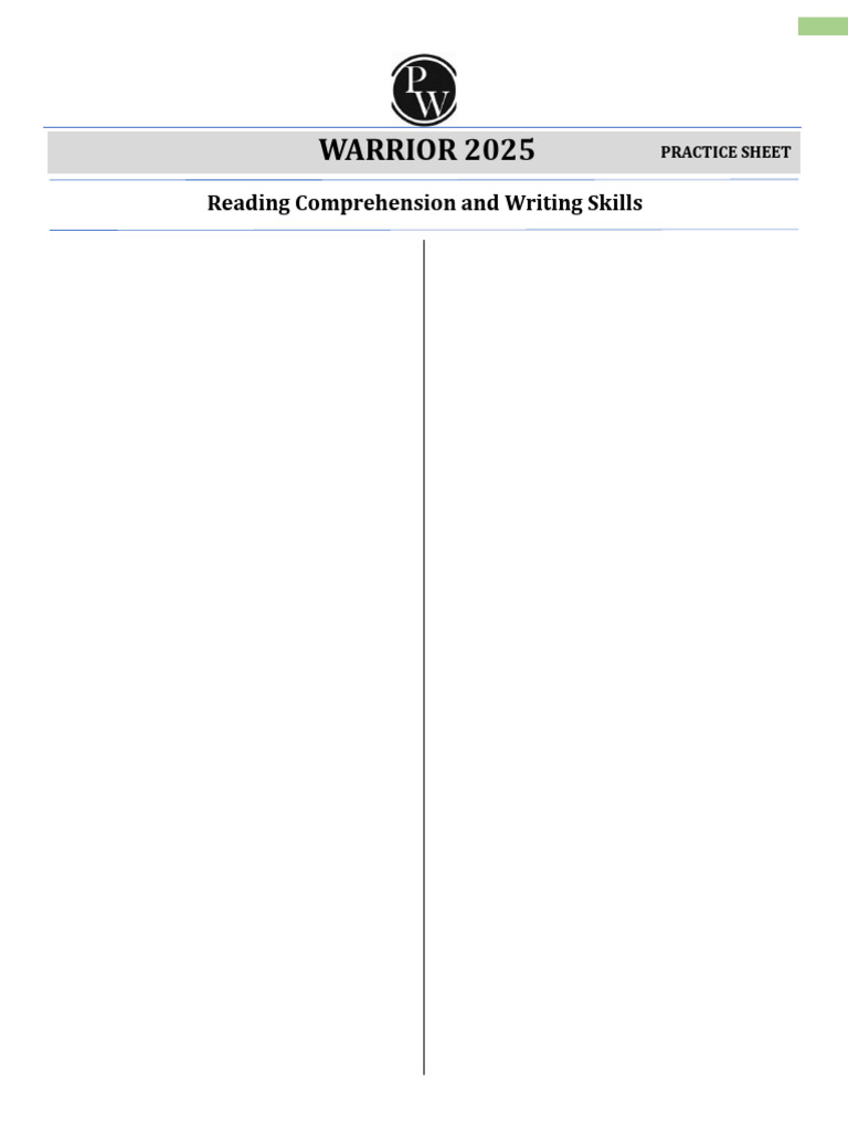 Reading Comprehension and Writing Skills - Practice Sheet - Warrior ...