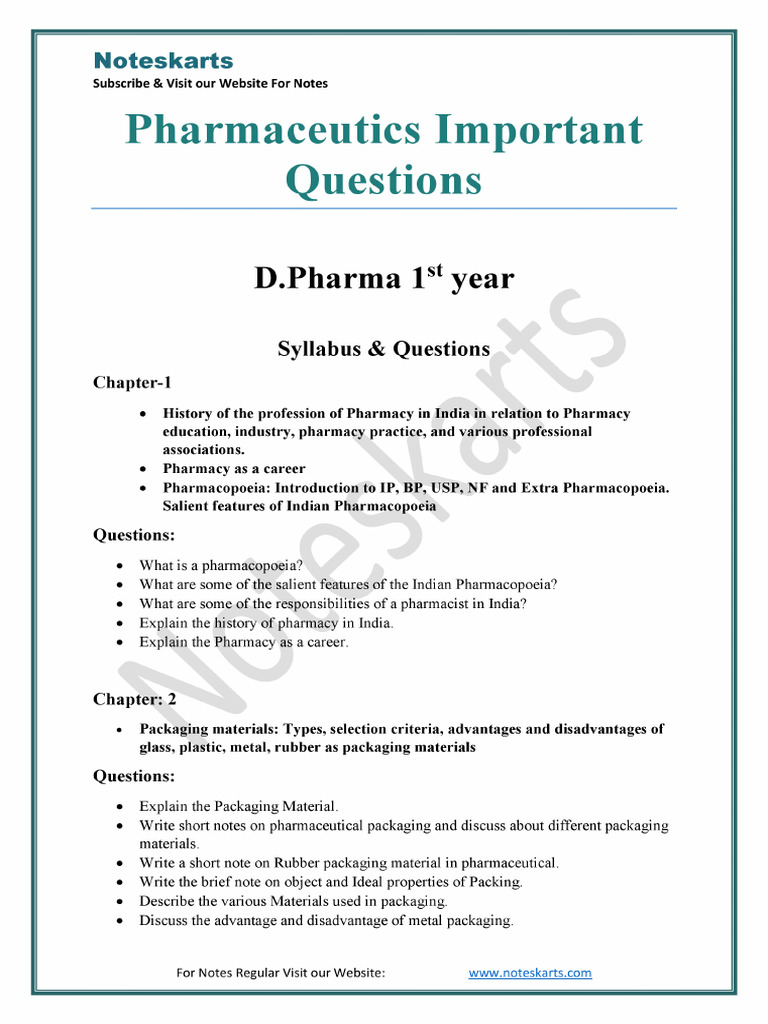 Pharmaceutics Most Important Questions For Exam I D.pharma 1st Year ...