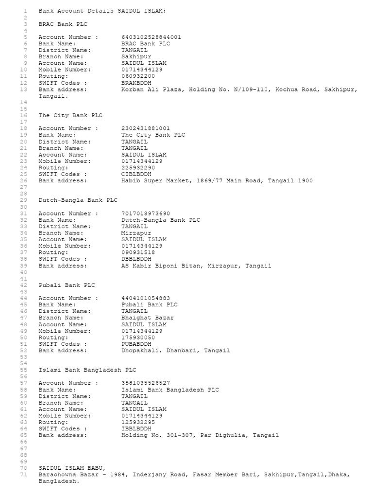 Bank Account Details and Full Address SAIDUL ISLAM BABU | PDF | Banks | Financial Services