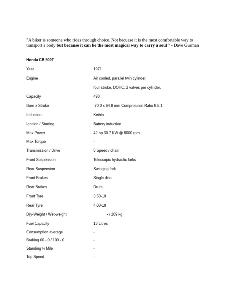 Honda CB 500T Twin Data | PDF | Motorcycle | Vehicles