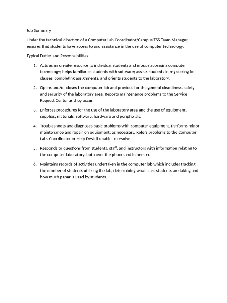 Computer Lab Assistant Job Overview | PDF