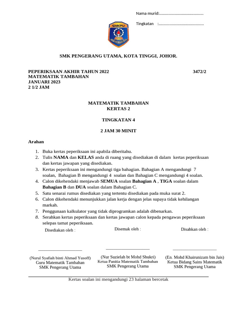 Add Math t4 Kertas 2 - Akhir | PDF
