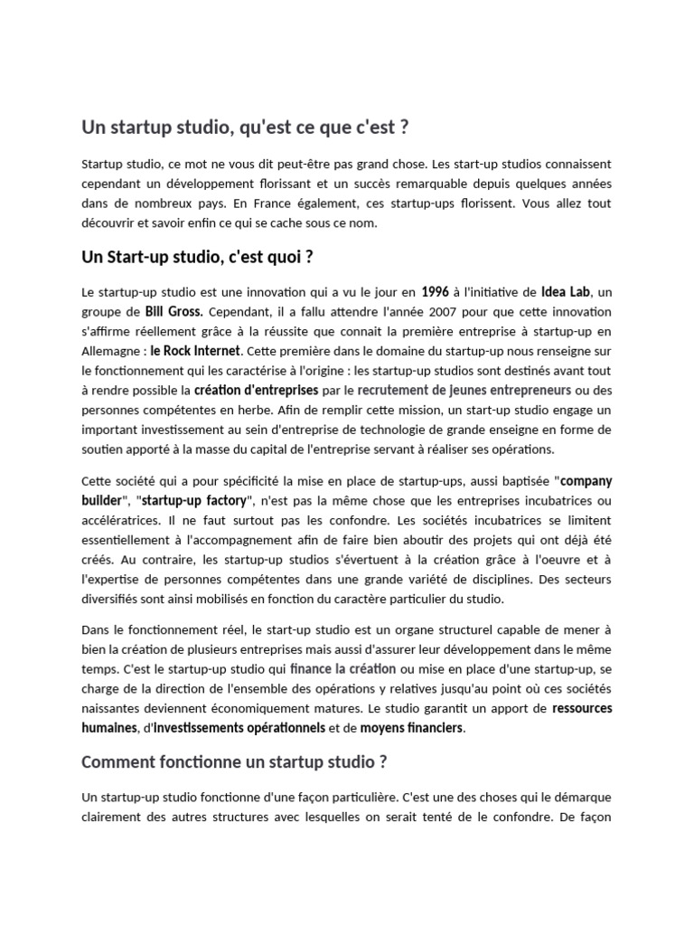 Comprendre le Startup Studio | PDF | Start-up | Petites entreprises et ...