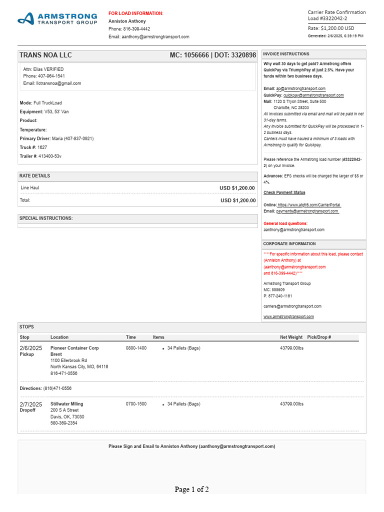 RateConfirmation - 3322042-2 Signed | PDF | Cargo | Freight Transport
