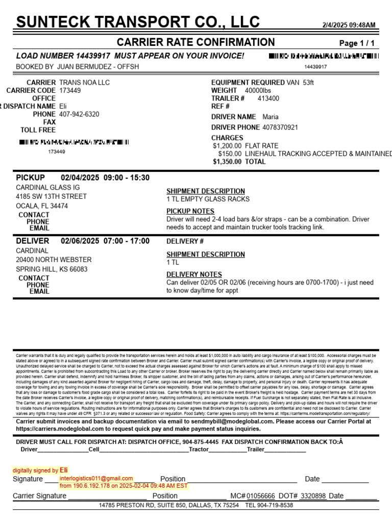 Carrier Rate Confirmation for Load 14439917 | PDF | Cargo