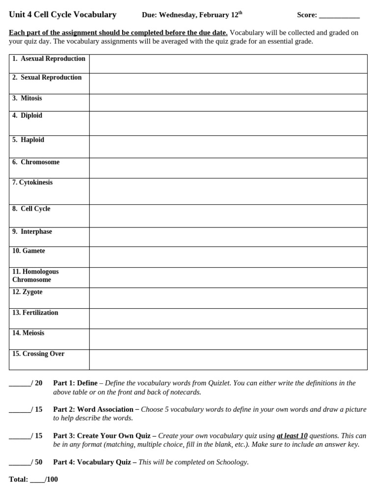 Unit 4 Cell Cycle Vocabulary 2023 | PDF