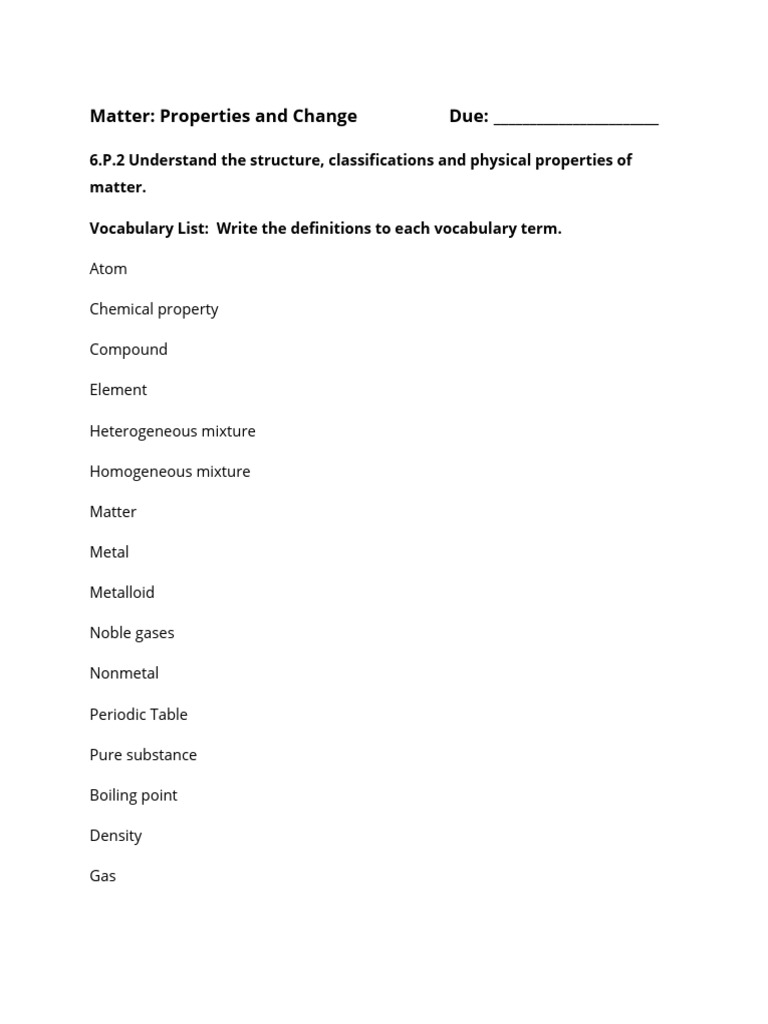 Matter Properties and Change Vocabulary List 09 09 | PDF