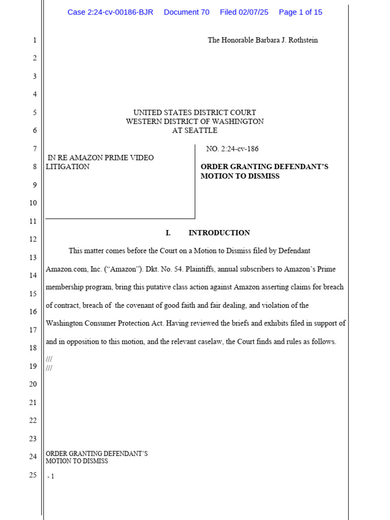 Amazon Prime Class Action Dismissal | PDF | Ashcroft V. Iqbal | Common Law