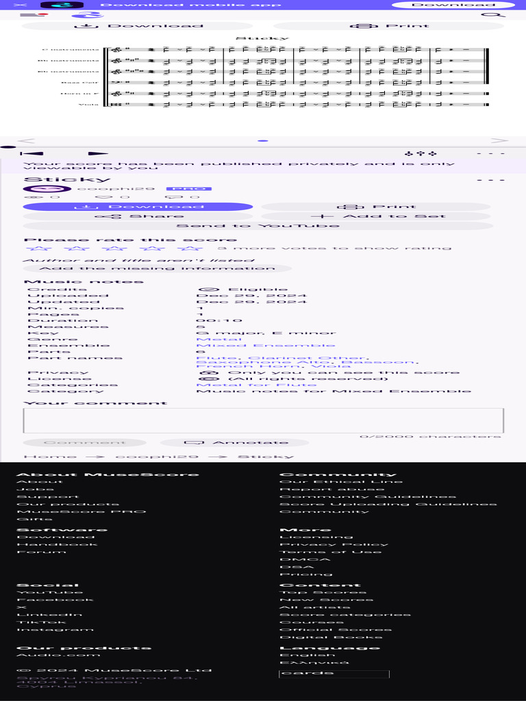 Sticky Sheet Music For Flute, Bassoon, Saxophone Alto, French Horn ...