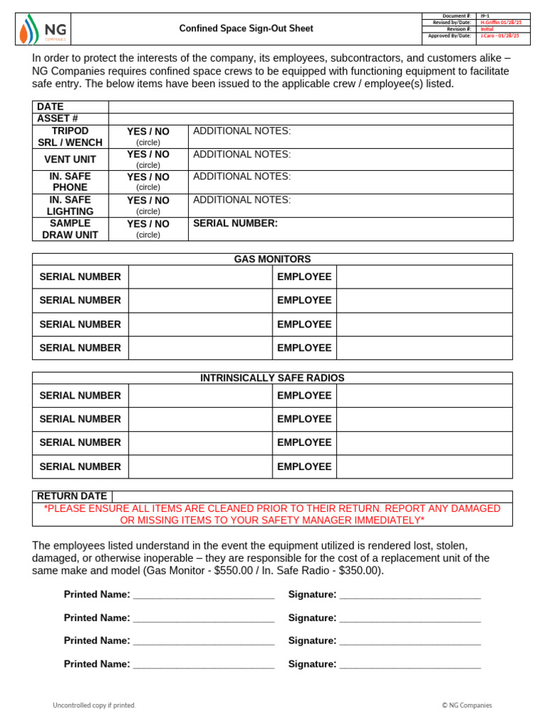 Confined Space Sign-Out Form | PDF | Safety