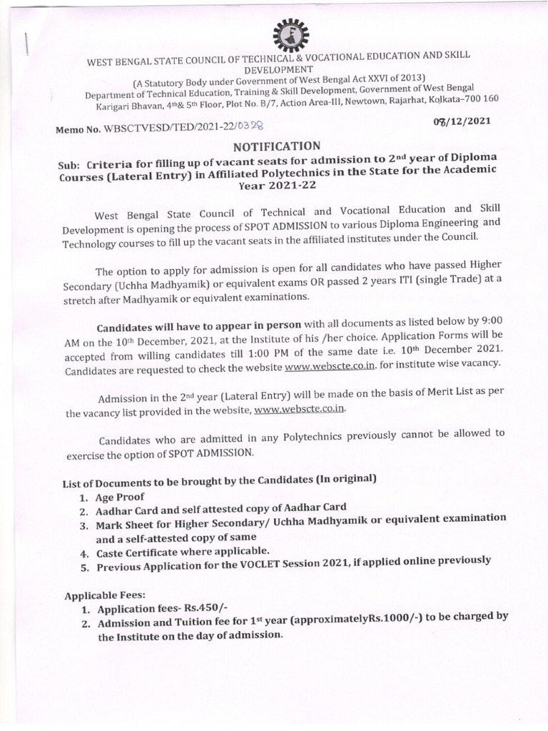 Notification - Voclet - Spot Admission - 10dec21 | PDF