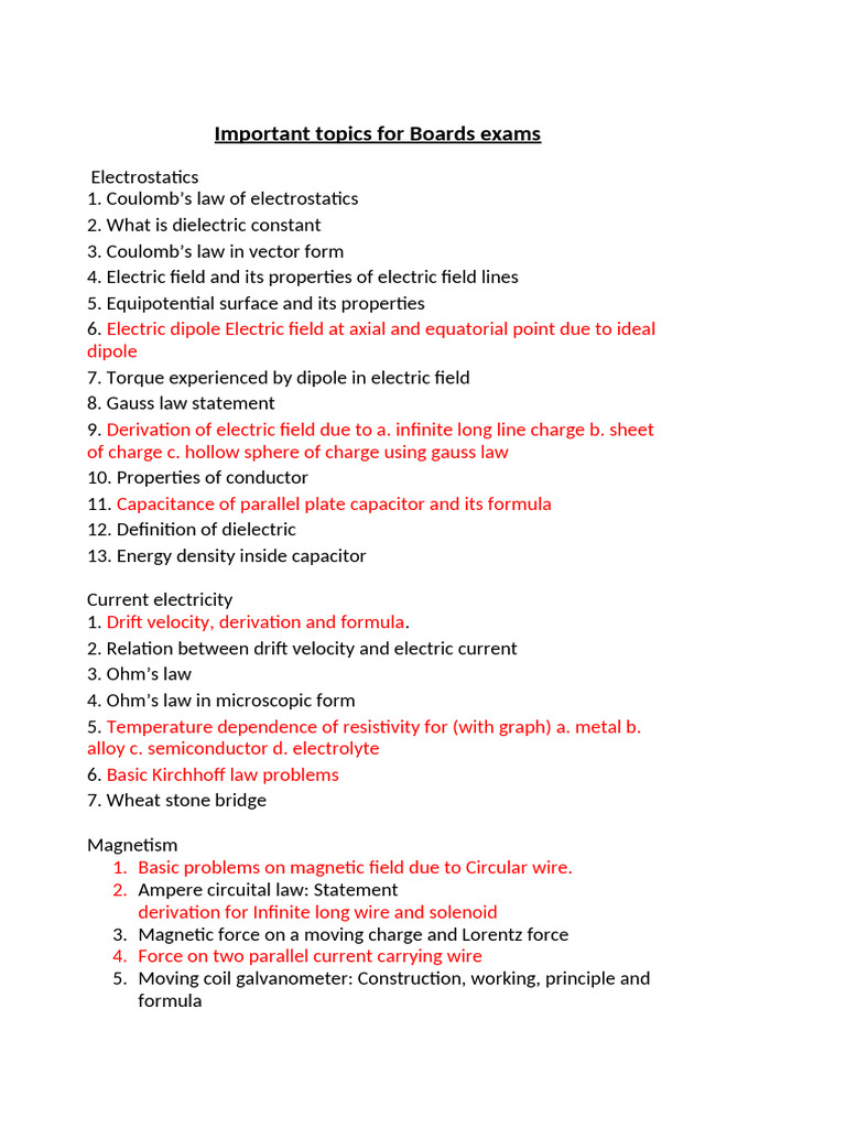 Important Topics For Boards | PDF | Electric Field | Optics