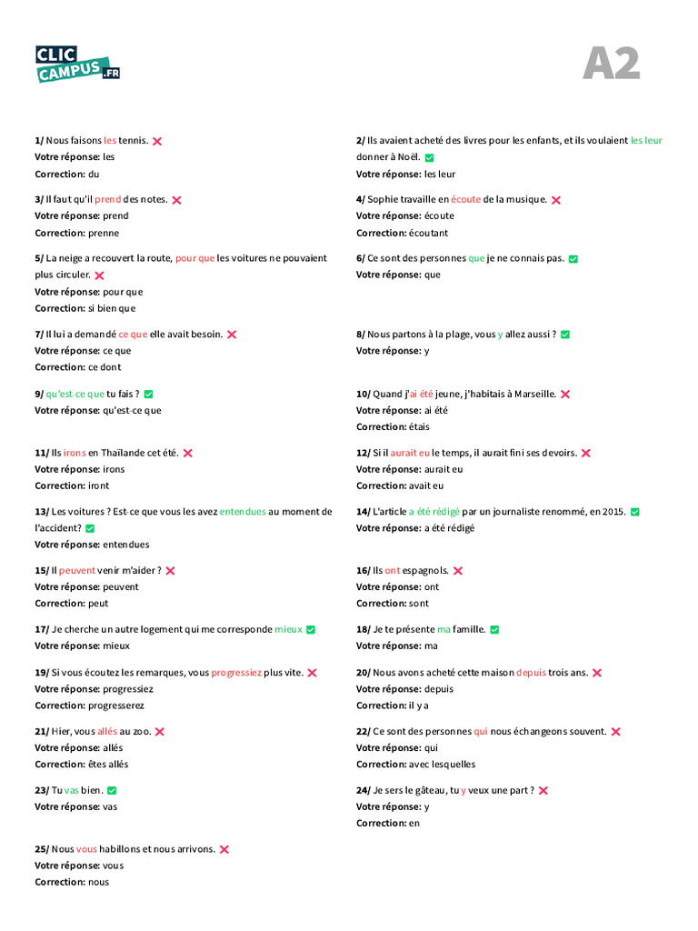 Corrigé des erreurs de français A2 | PDF