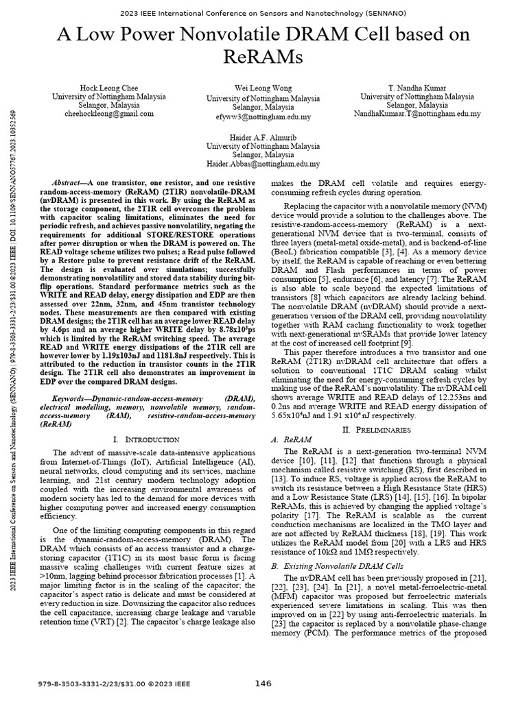 A Low Power Nonvolatile DRAM Cell Based On ReRAMs | PDF | Dynamic Random Access Memory | Capacitor
