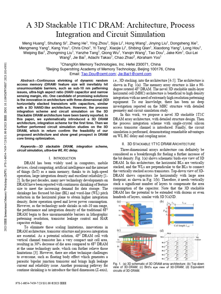 A 3d Stackable 1t1c Dram Architecture Process Integration And Circuit Simulation Pdf Dynamic
