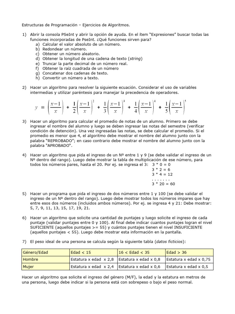 EPR-u2 Ejercicios PSeInt | PDF | Algoritmos | Matemáticas