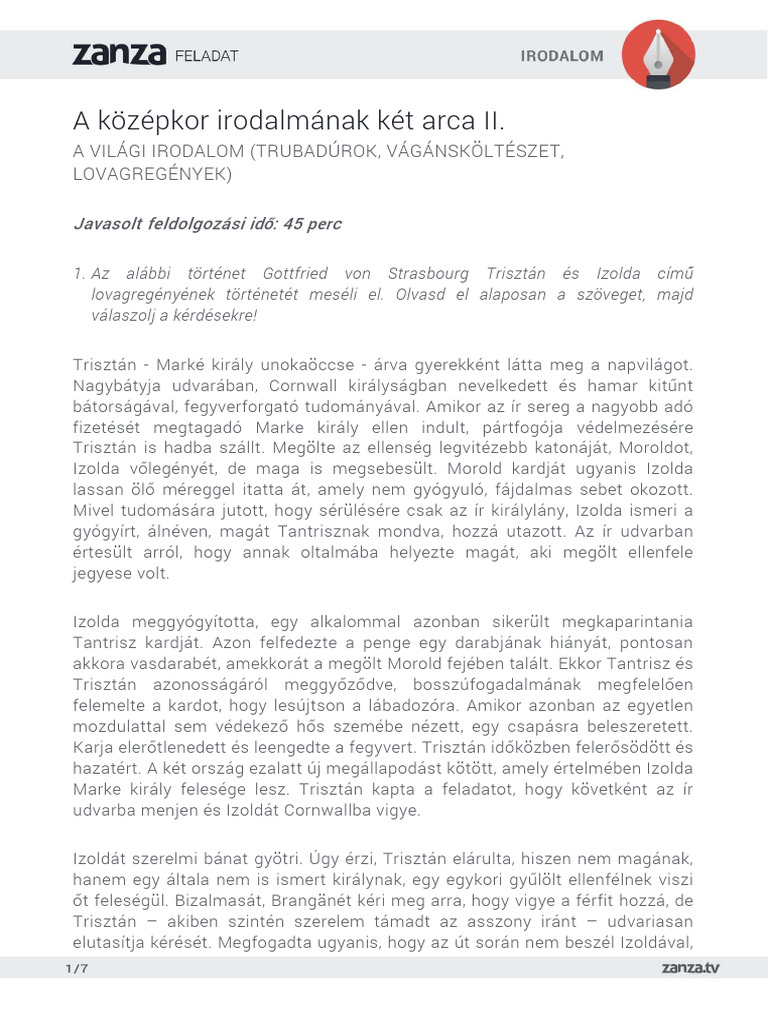 15 Irodalom Feladatlap 1 | PDF