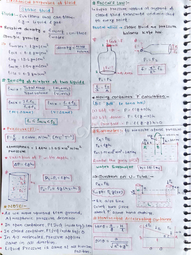 Mechanical Properties of Fluids Short Notes | PDF