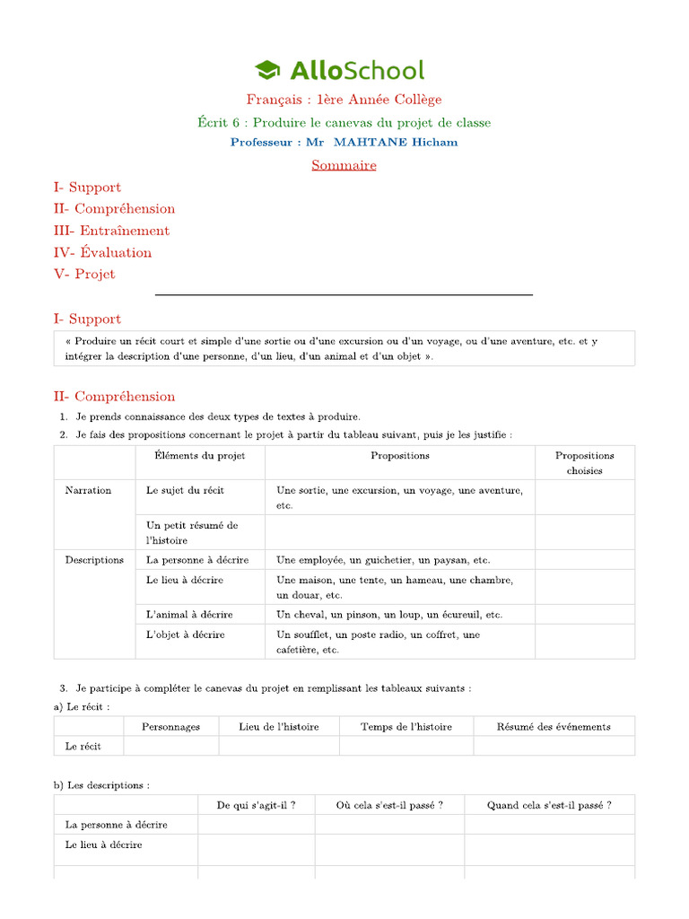 Ecrit 6 Produire Le Canevas Du Projet de Classe 2 | PDF