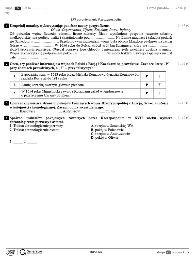 3.W Obronie Granic Rzeczypospolitej Test (Z Widoczną Punktacją) | PDF