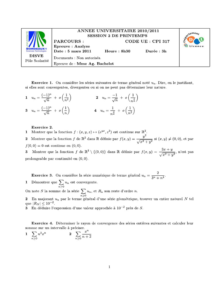 Examen Sans Corrigé N°7 DE ANALYSE 4 (Séries Numériques, Suites Et ...