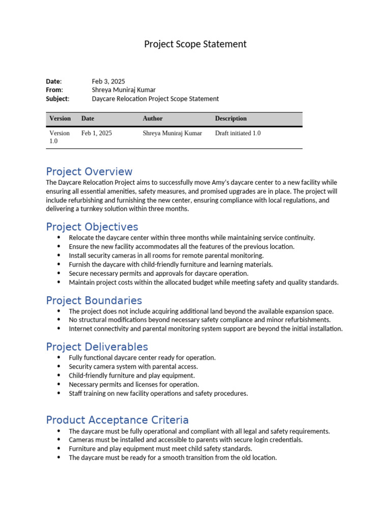 Scope Statement For Exercise | PDF | Child Care | Safety