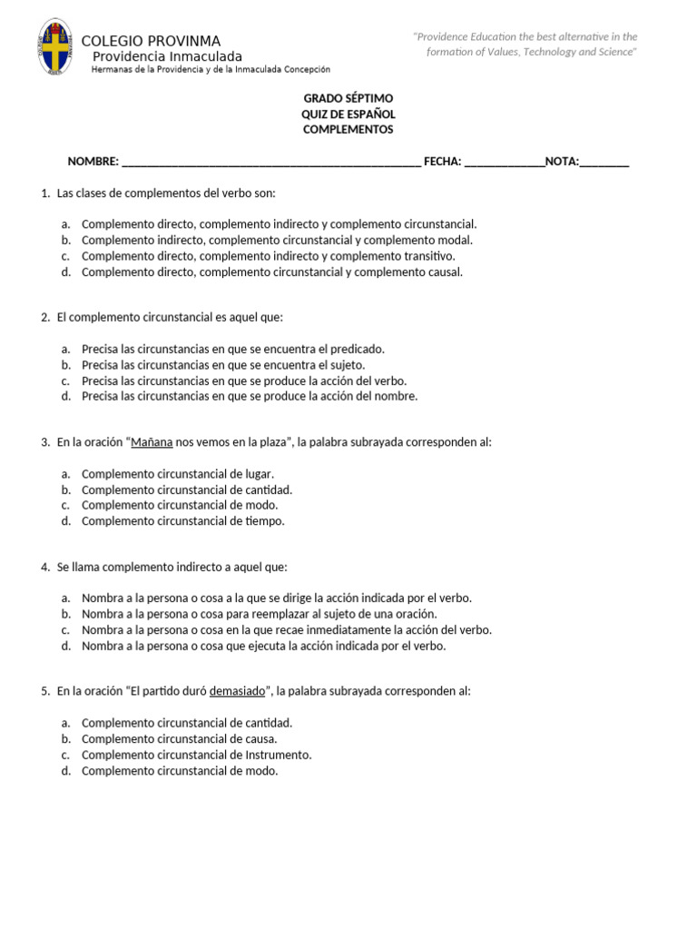 Quiz Complementos | PDF | Objeto (gramática) | Verbo