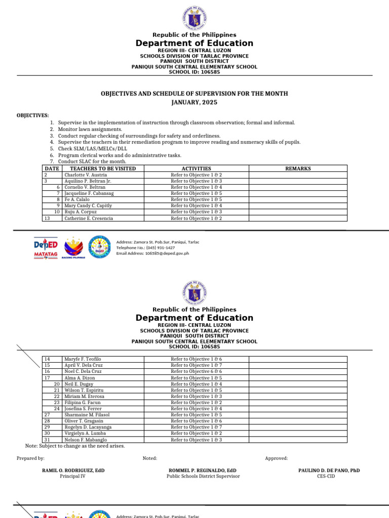 Supervision Schedule for January-March 2025 | PDF | Philippines ...