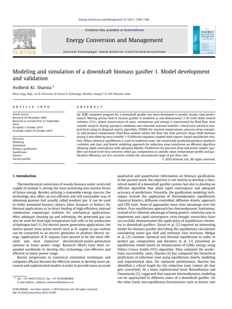 Modeling and Simulation of A Downdraft Biomass Gasifier 1. Model Development and Validation ...