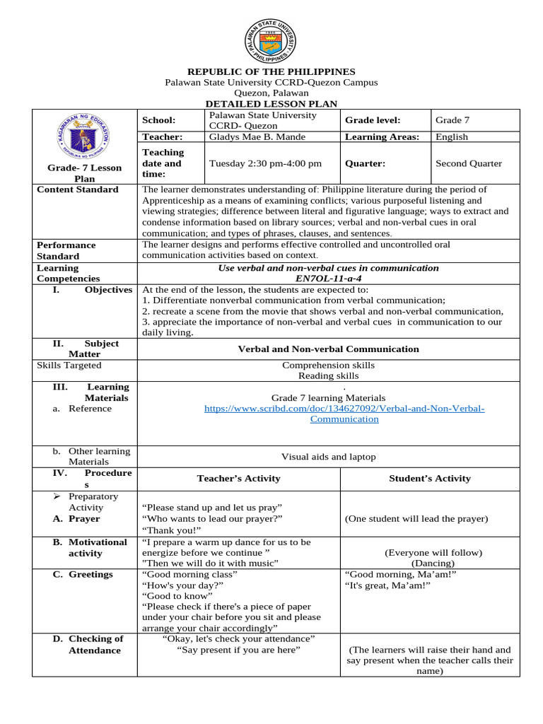ENGLISH-LESSON-PLAN-GRADE-7_032004 | PDF | Nonverbal Communication ...