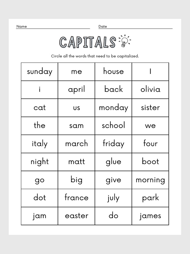 Capitalization Worksheets in A Greyscale Simple Style | PDF