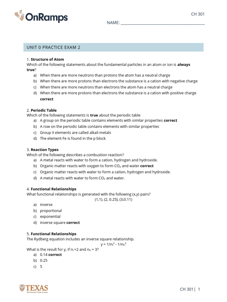 CH 301 Practice Exam: Chemistry Concepts | PDF | Ion | Proton