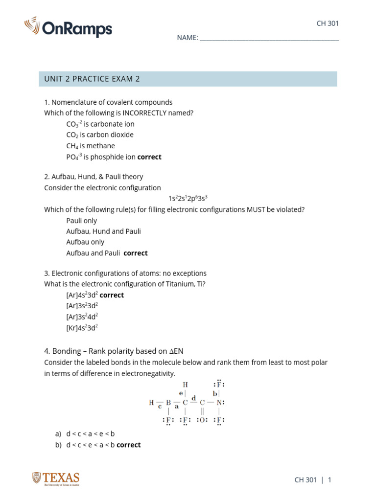 Unit 2 Practice Exam 2 - KEY | PDF | Chemical Bond | Chemical Polarity