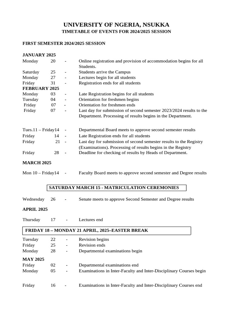 TIMETABLE OF EVENTS FOR 2024-2025 SESSION | PDF | Academic Term