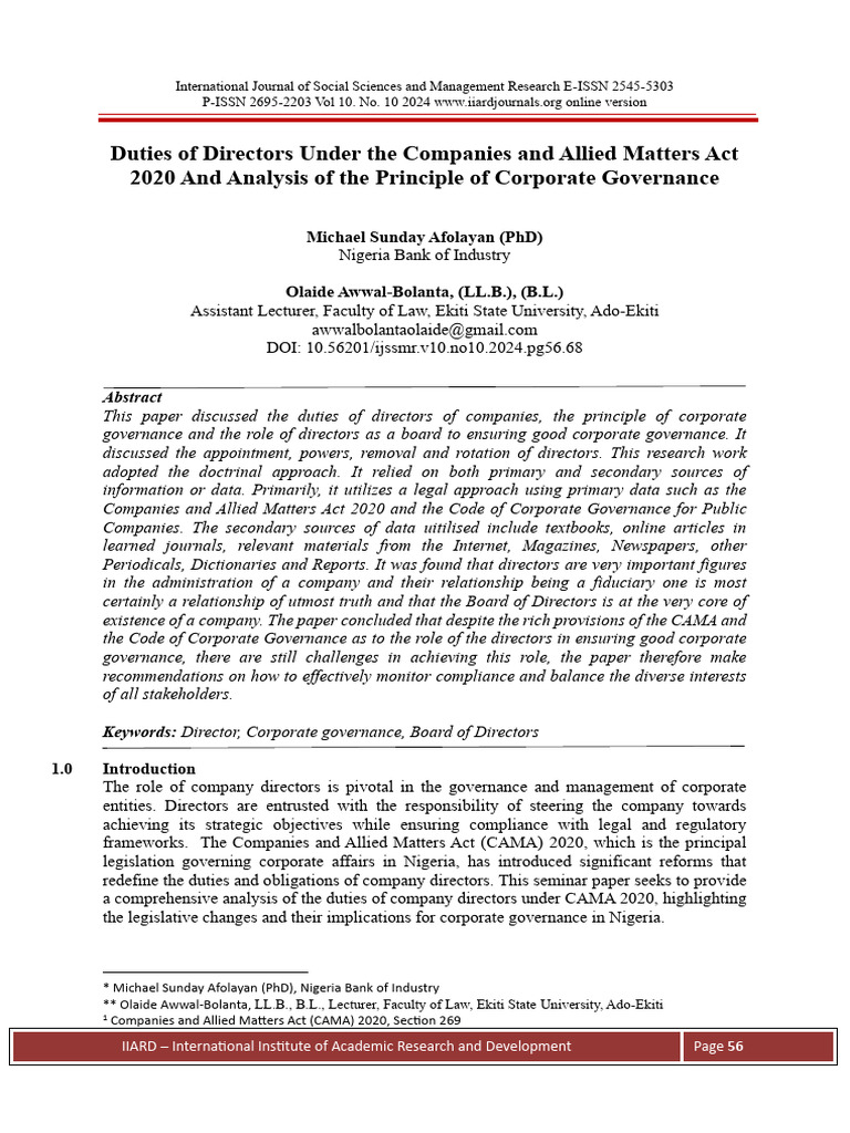 Directors' Duties Under CAMA 2020 | PDF | Board Of Directors | Governance