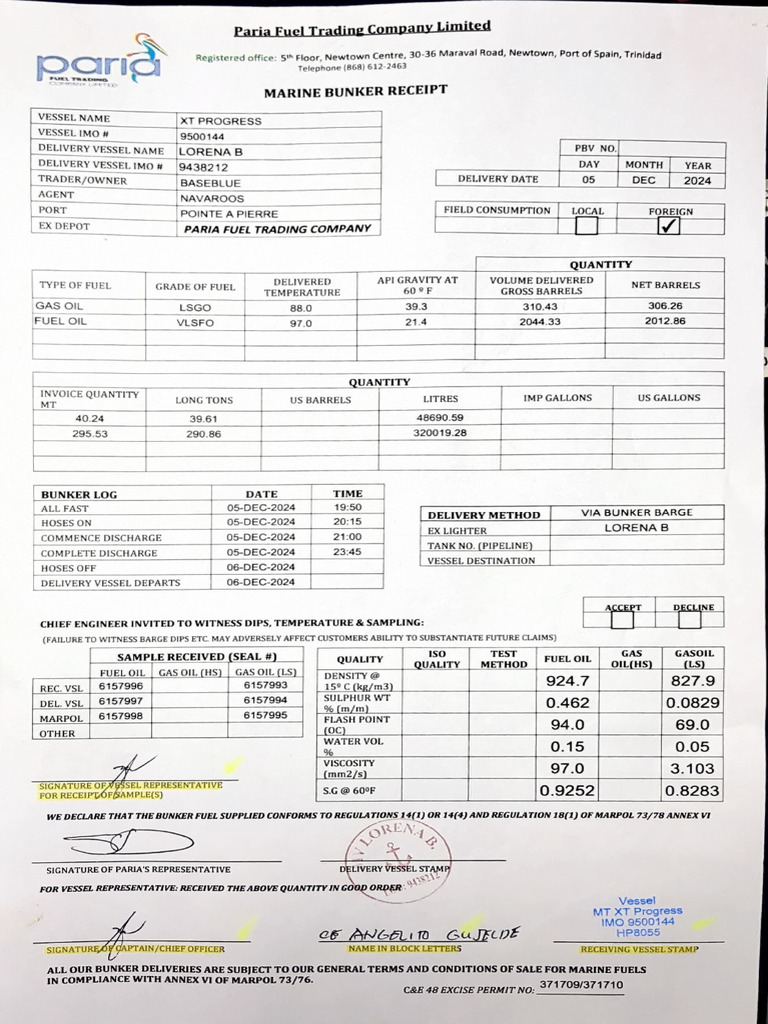 BDN Bunker Delivery Note | PDF | Fuel Oil | Oils