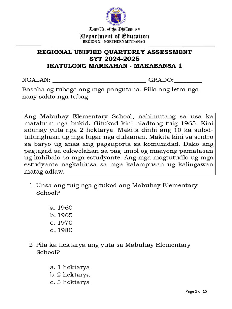 AP G1 MAKABANSA Test-Questionnaire RUQA | PDF
