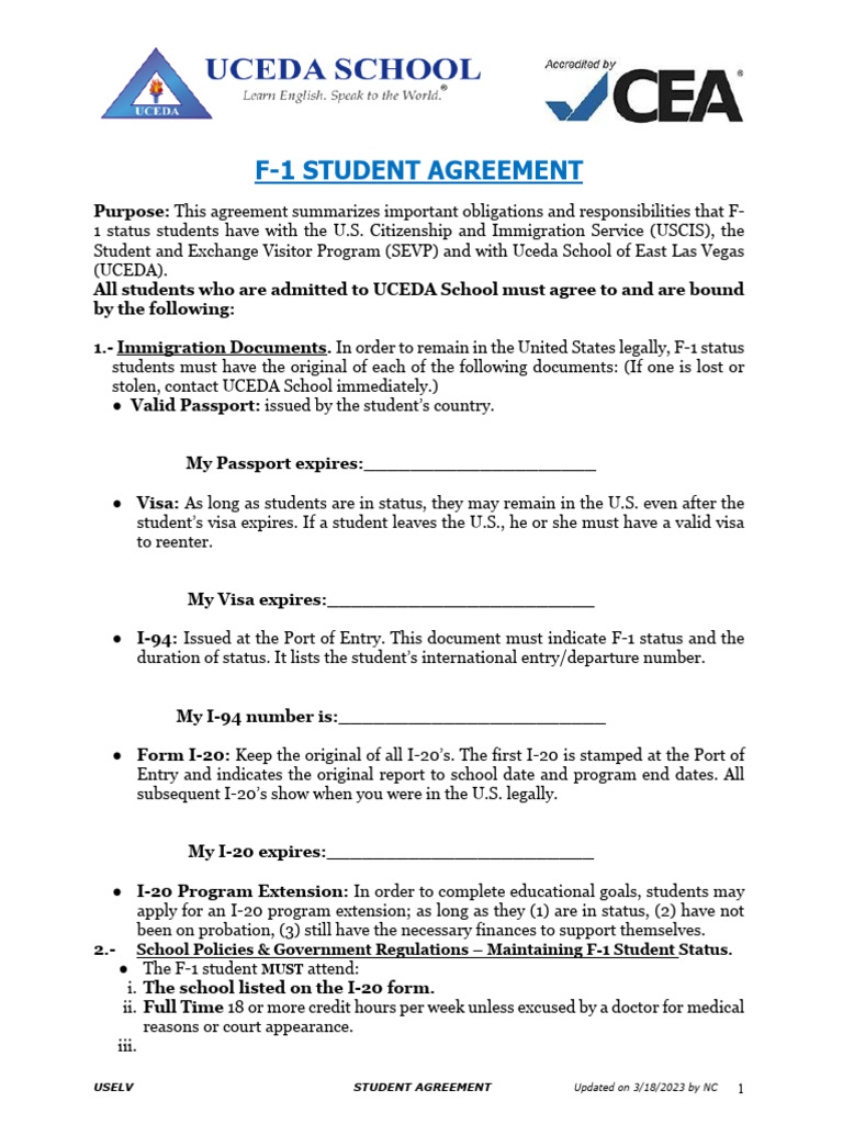 F1 Student Agreement 2023 | PDF | Travel Visa | United States ...