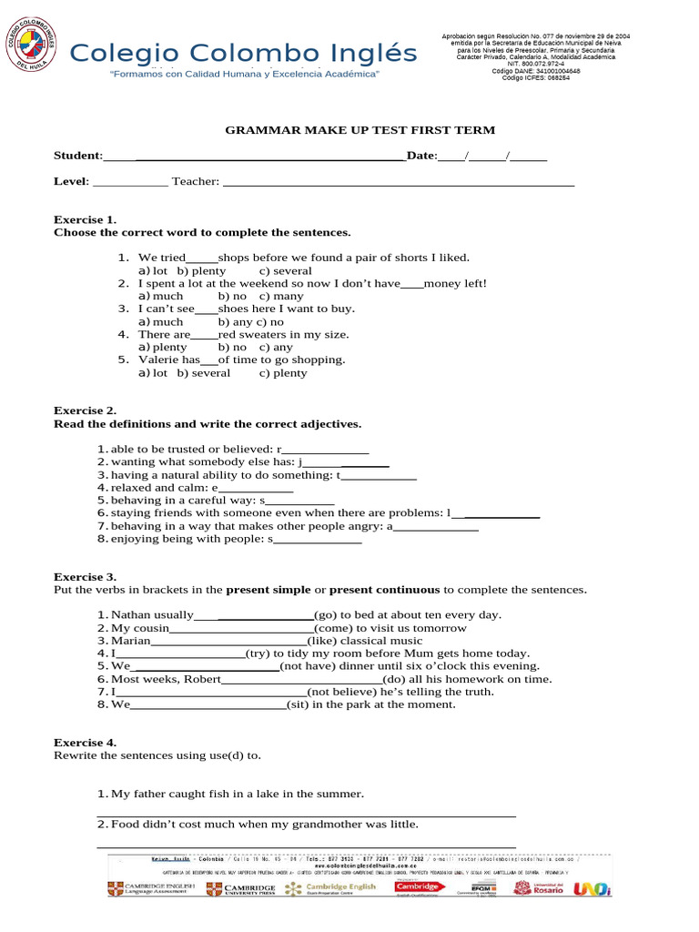 Grammar Makeup Test for Students | PDF | Linguistic Morphology | Syntax