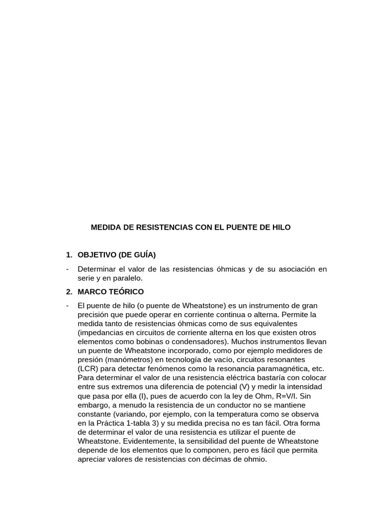 4 - Fis-200 - Medida de Resistencias Con El Puente de Hilo | PDF | Resistencia Eléctrica y ...