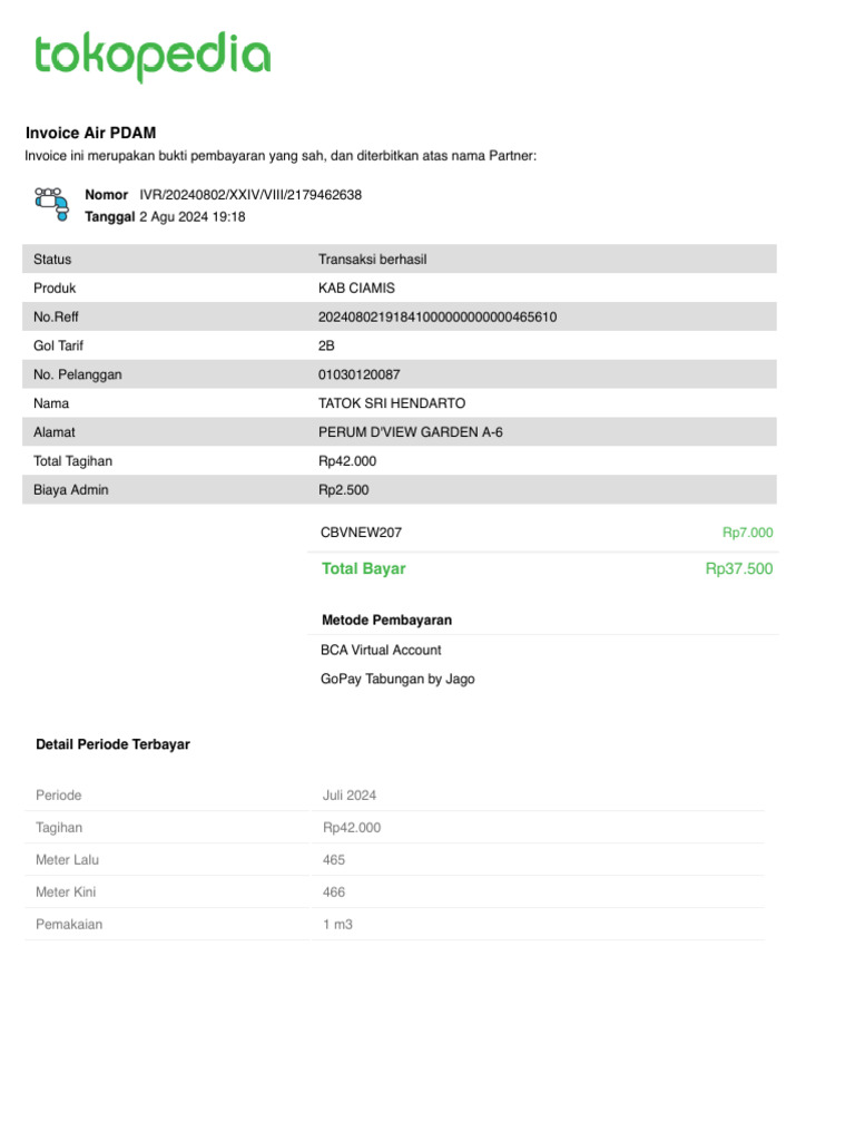 PDAM Juli 2024 Invoice-2179309366 | PDF