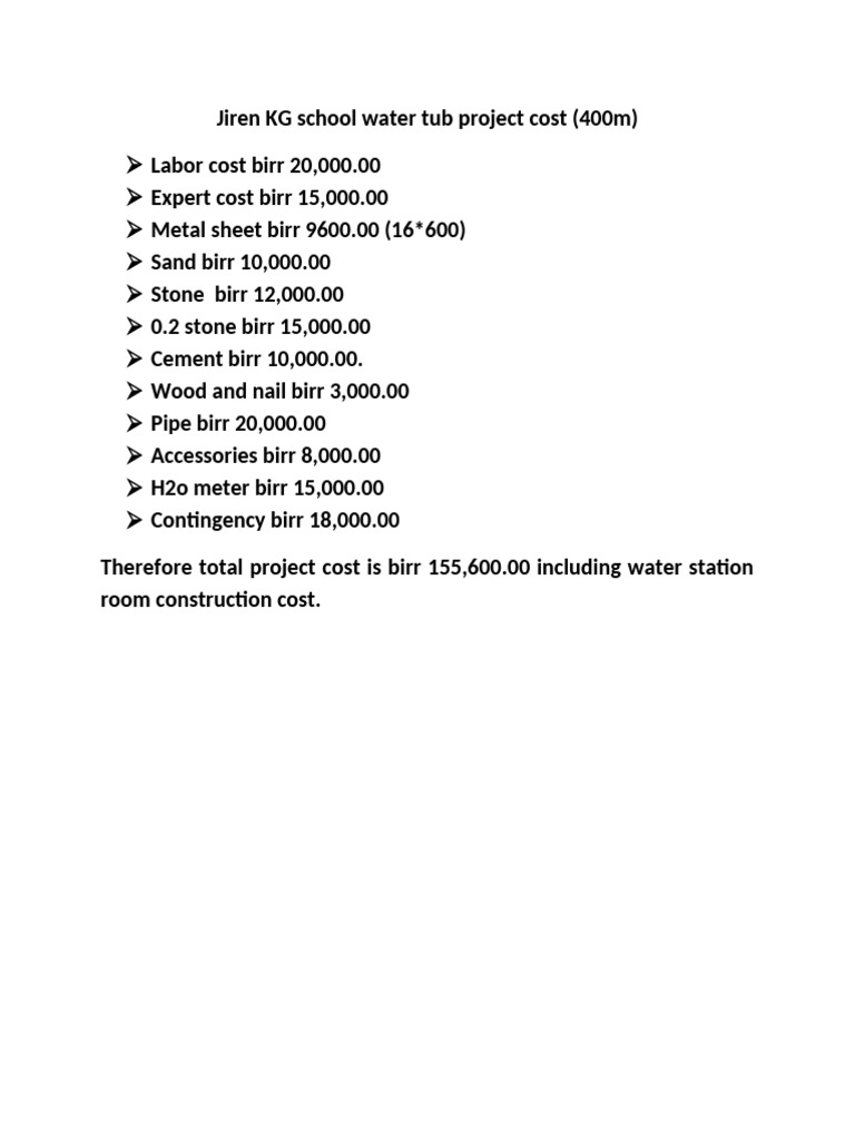 Jiren KG School Water Tub Project Cost | PDF