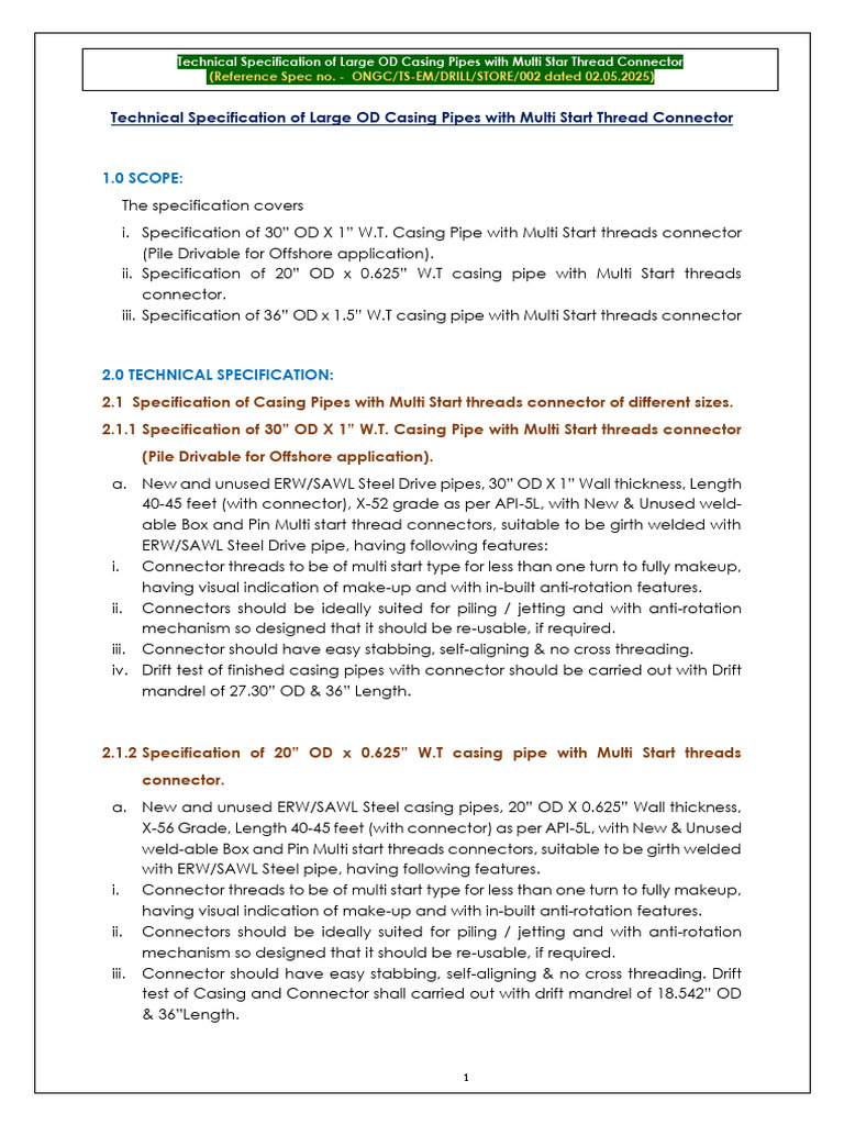 1.0 Scope:: Technical Specification of Large OD Casing Pipes With Multi ...