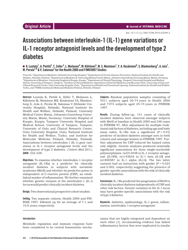 Associations Between Interleukin-1 (IL-1) Gene Variations or IL-1 ...