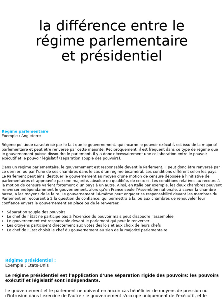 Différences entre régimes parlementaire et présidentiel | PDF ...