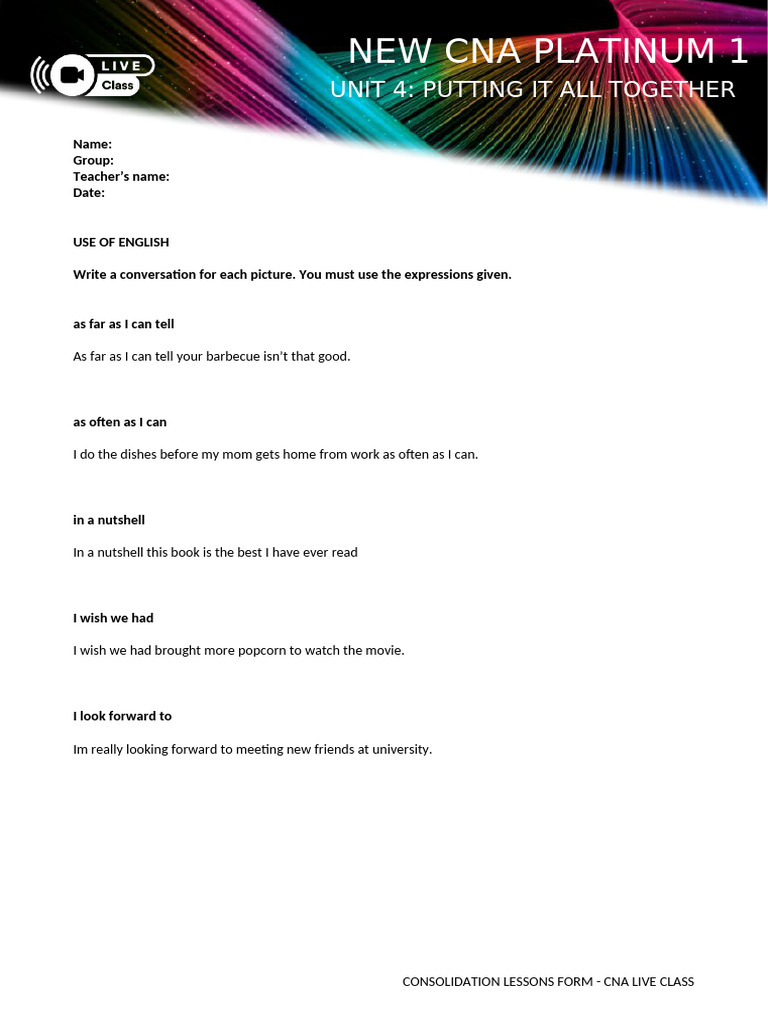 CNA Live Class - Master in English 1 - New CNA Platinum 1 - Activity Book - Unit 4 | PDF