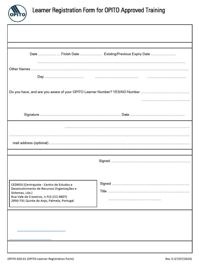 OPITO 020.01 OPITO Learner Registration Form Europe - Participantes | PDF